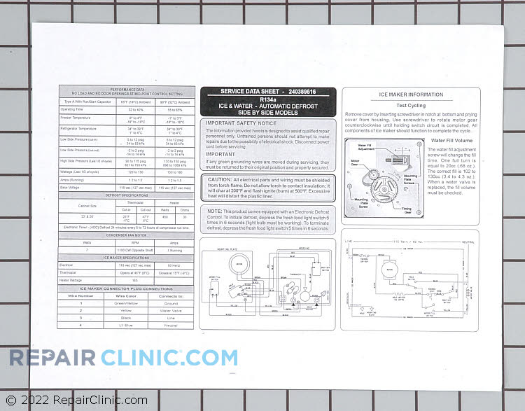 Refrigerator Tech Sheet - 240389616 | Fast Shipping - RepairClinic.com