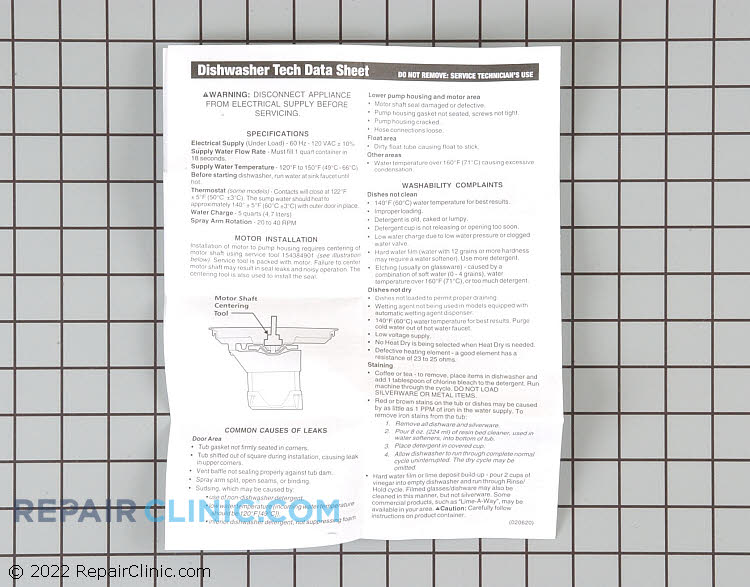 Dishwasher Tech Sheet - 154435301 | Fast Shipping - RepairClinic.com