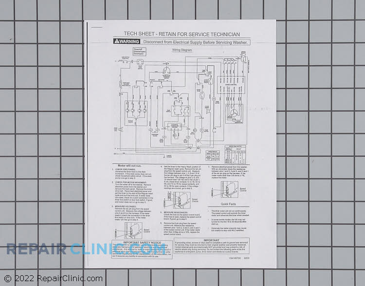 Washing Machine Tech Sheet - 134148700 | Fast Shipping - Repair Clinic