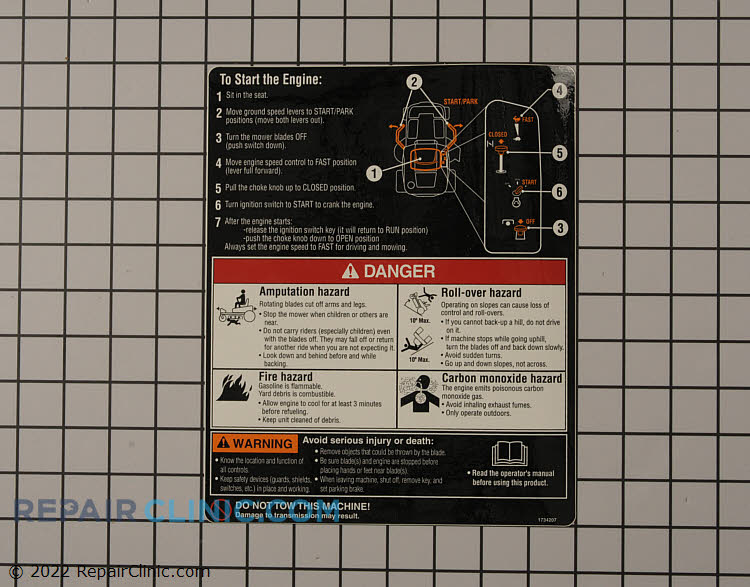 Lawn Mower Label - 1734207SM | Fast Shipping - RepairClinic.com
