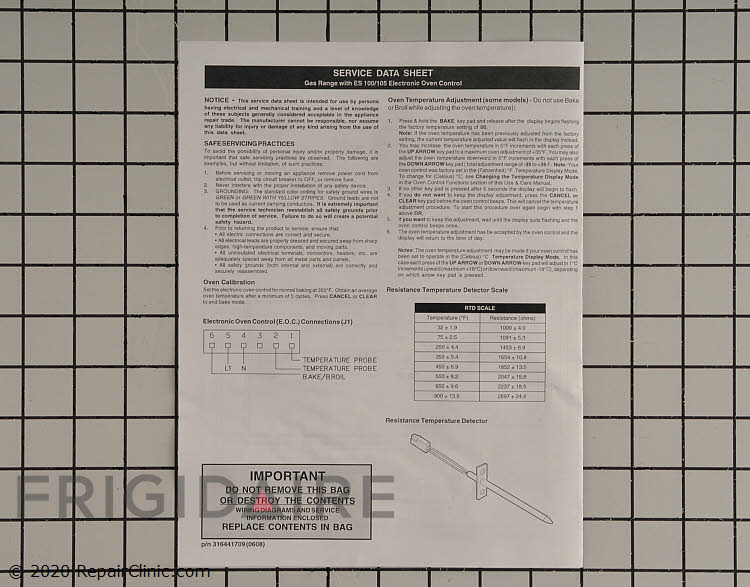 Tech Sheet 316441709 | Frigidaire Appliance Parts